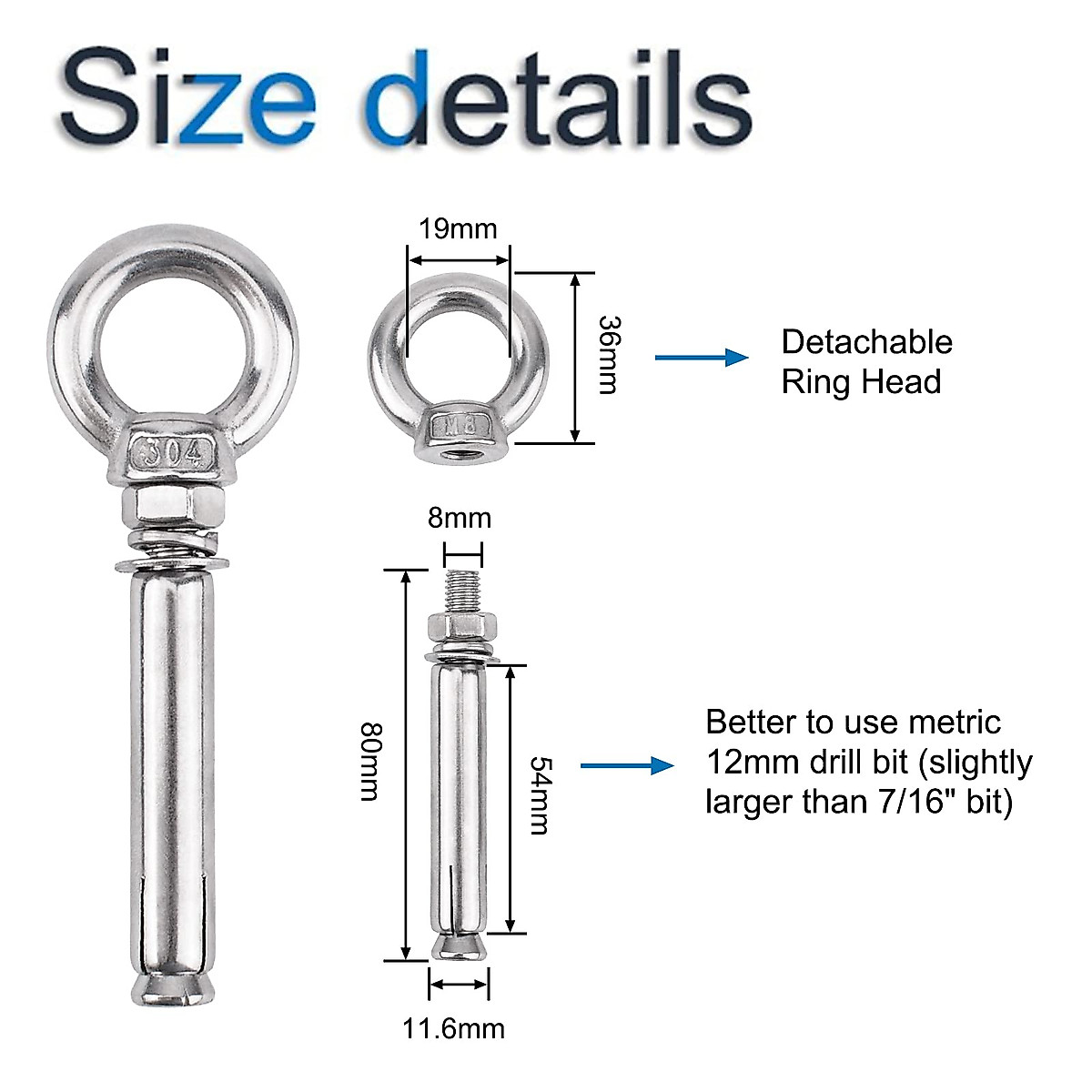 INCREWAY Expansion Bolt, 4 Pcs 304 Stainless Steel Ring Lifting Anchor Eyebolt Expansion Screw with Ring Closed Hook Internal Expansion Bolt Fastner for Concrete Wall, M8 x 80mm