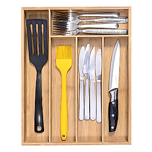 GREEHOMEDE Kitchen Drawer Organizer, Flatware Organizers, Silverware Tray with Dividers, Utensil Organizer, Bamboo Cutlery Tray, 14.6"x11.8"x1.8''
