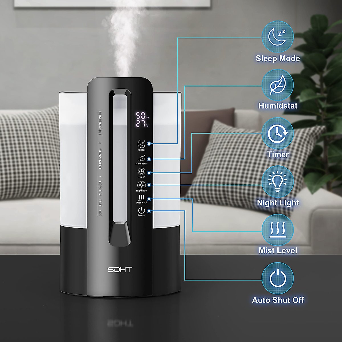 SDHT Humidifiers for Bedroom,4L Humidifier for large room,Top Fill Cool Mist Humidifier for Home Office,Ultrasonic Humidifier with Auto Humidity, Diffuser,Sleep Mode,Timing,Night Light,Quiet