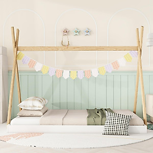 Bellemave Twin Size Tent Floor Bed Frame with Triangle Structure, Teepee Bed Platform Bed for Kids,Montessori Floor Bed for Girls Boys(Twin,White+Natural)