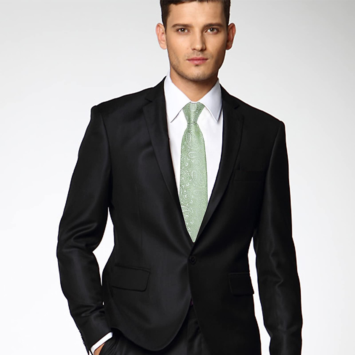 DiBanGu Men Light Green Floral Tie Sage Green Paisley Tie Pocket Square Set Silk Wedding Prom