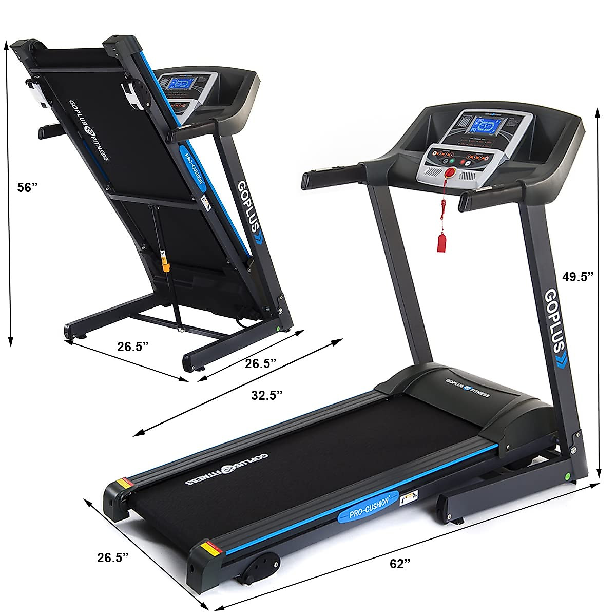 Goplus 2.25HP Electric Folding Treadmill with Incline, Walking Running Jogging Fitness Machine with Blue Backlit LCD Display for Home & Gym Cardio Fitness