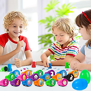 24PCS Easter Eggs + Stampers Egg Fillers, Basket Stuffers Plastic Surprise Perfect Hunt Party Favors Classroom Prize Supplies for Kids Boys Girls