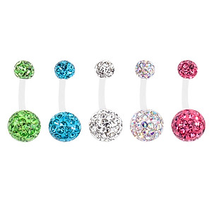 Lenacou 14G Bioflex Belly Button Rings Soft Plastic Double Balls Navel Barbell Cubic Zirconia Body Piercing Jewelry (White)