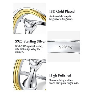 SILVERCUTE Women Cat Ring 925 Sterling Silver 18K Gold Plated Cat on the Moon Cute Wrap Ring Adjustable