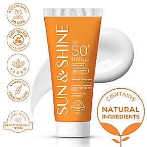 Sun&Shine 100% mineral sunscreen zinc oxide for Sensitive Skin: SPF50+ Broad Spectrum UVA UVB, Face sunscreen lotionreef safe, fragrance free 1.7 Oz