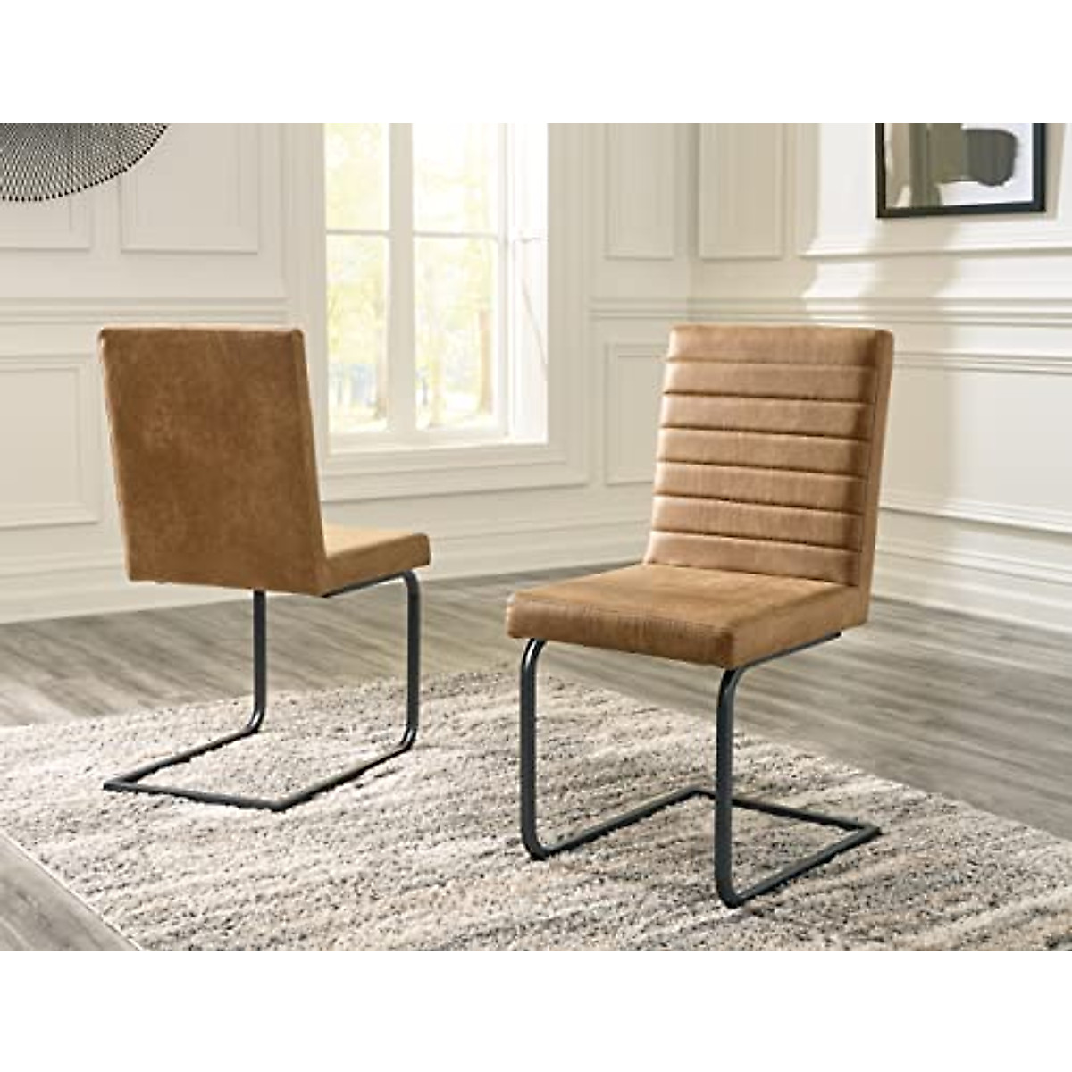 Signature Design by Ashley Strumford Modern Faux Leather Dining Upholstered Side Chair, Set of 2, Light Brown & Black