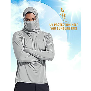 BALEAF Mens Sun Protection Hoodie Shirt, UPF 50+ UV SPF T-Shirts with Mask Rash Guard Fishing Lightweight, 01-Gray, Large, Long Sleeve