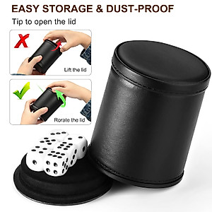 Dice Cup with Lid, PU Leather and Felt-Lined, Quiet Shaker for Yahtzee Farkle Dice Board Games, Set of Six 16mm Dice Included