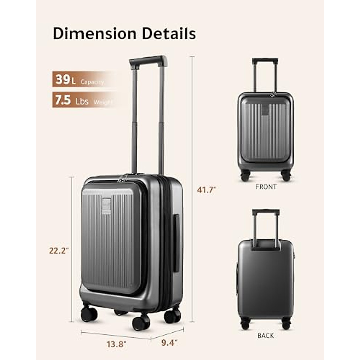 Carry on Luggage Luggage 22x14x9 Airline Approved, PC Hard Shell Suitcase with USB Port, Expandable Luggage with Laptop Compartment