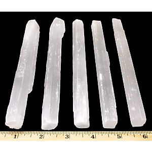 SELENITE (4) Large Sticks, approx. 6-8" long Wands plus Black Tourmaline Crystal and educational ID cards, Bulk, Reiki, Chakra, Healing, Good luck, and Protection