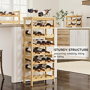 28-Bottle Wine Rack Free Standing Floor, Solid Wood 7-Tier Display Wine Storage Shelves with Tabletop, Wobble-Free Bottle Holder for Cellar Kitchen Bar Dining Room Living Room, Oak