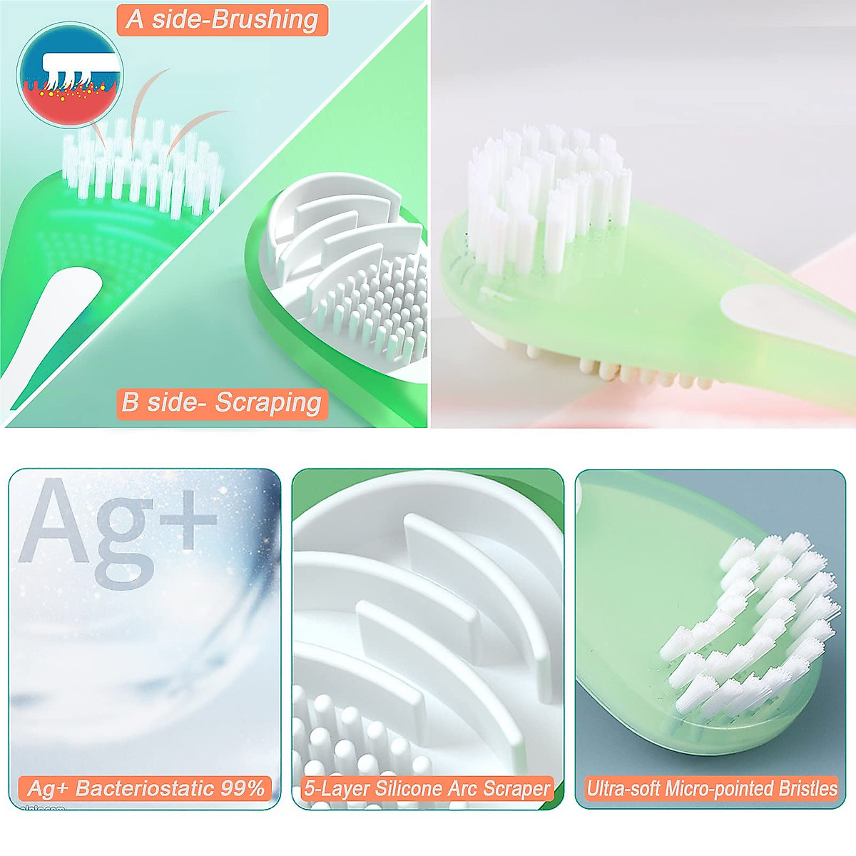 4Pack Tongue Scraper Tongue Cleaner Double-Side Silicone Tongue Brush for Adults Kids Oral Care Reduce Bad Breath