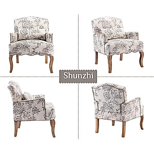 Shunzhi Mid Century Accent Chairs Modern Floral Armchair Upholstered Reading Chair Linen Farmhouse Single Sofa Chair with Pillow for Bedroom/Living Room/Fireplace, Beige, 1PC