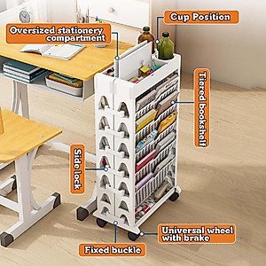Atkits Utility Cart Organizer Mobile Bookshelf Cart Rolling 6 Tier Movable Bookshelf Cart Desk Side Cart for Office Dorm Classroom,White