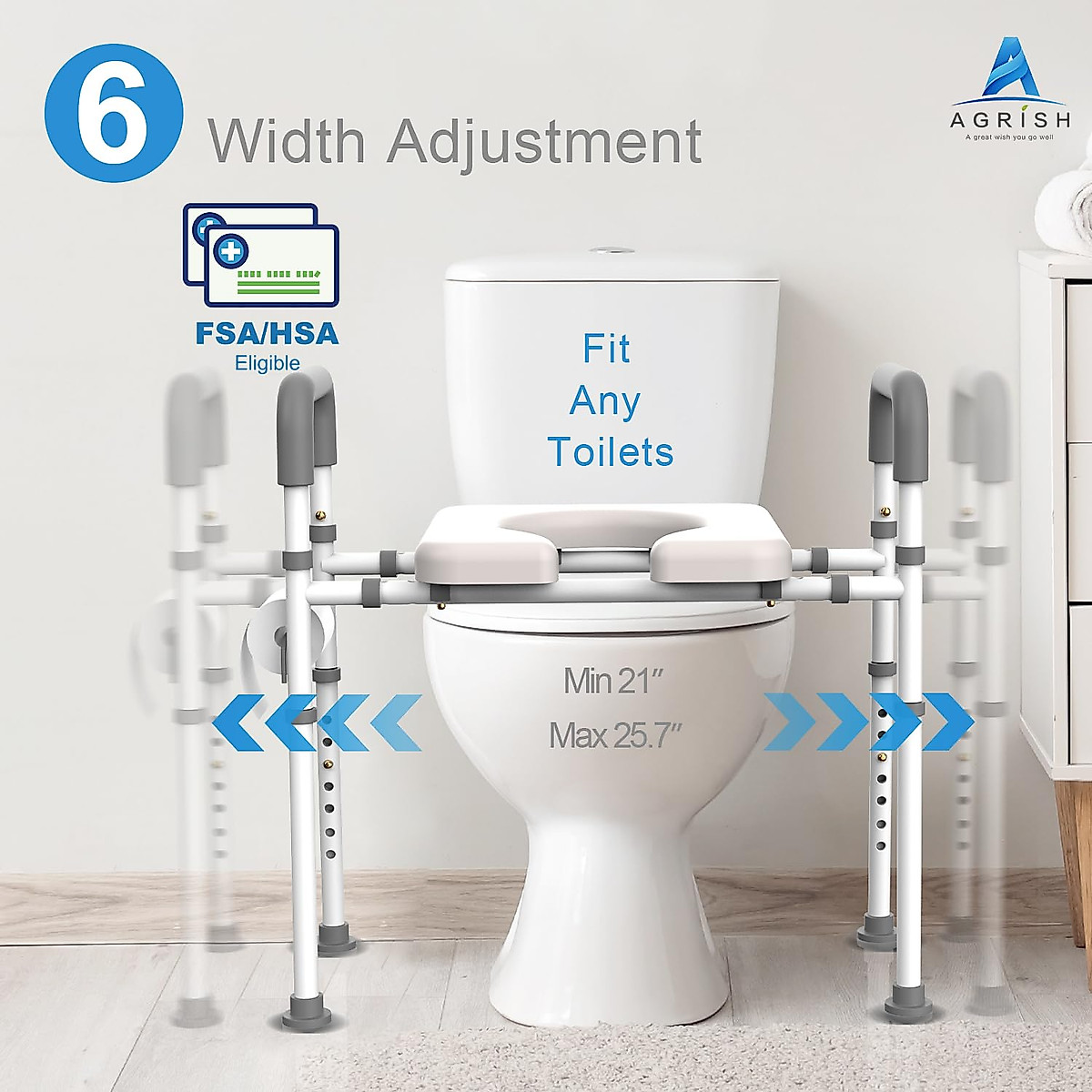 Agrish Raised Toilet Seat with Handles, FSA/HSA Eligible Toilet Seat Risers for Seniors - with Adjustable Height & Width, 500lb Handicap Elevated Toilet Seat for Elderly, Fit Any Toilet