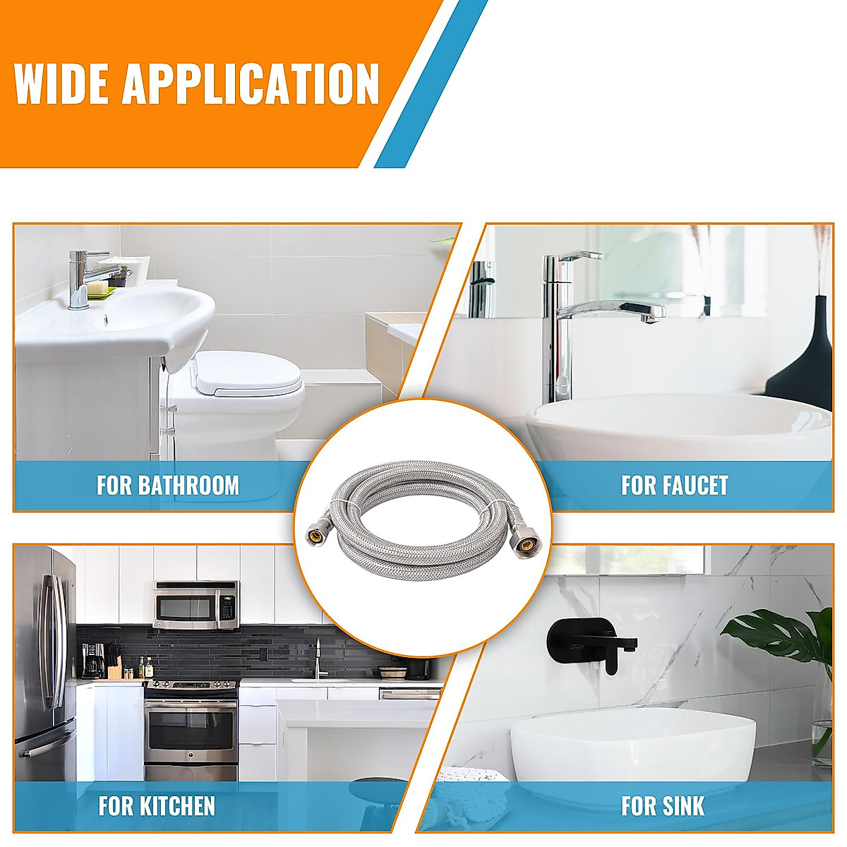 (2 Pack) SUNGATOR 60 Inch Faucet Supply Lines, 3/8" Female Comp Thread x 1/2" FIP Thread Sink Hose, 60" Stainless Steel Braided Faucet Supply Line for Bathroom, with 2 Wrenches and 1 Sealing Tape