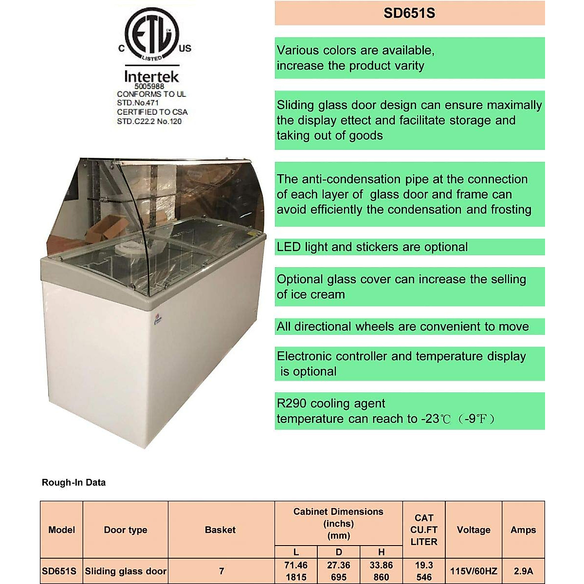 Gelato Freezer Display Case Dipping Cabinet Pan Ice cream showcase Curved Clear Glass 72"
