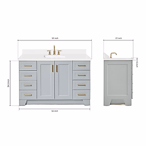 ARIEL 55" Grey Bathroom Vanity with 1.5" Edge Pure White Quartz Countertop & Backsplash, Center Rectangular Sink, 2 Soft Closing Doors, 9 Full Extension Dovetail Drawers, Toe Kick, Satin Brass