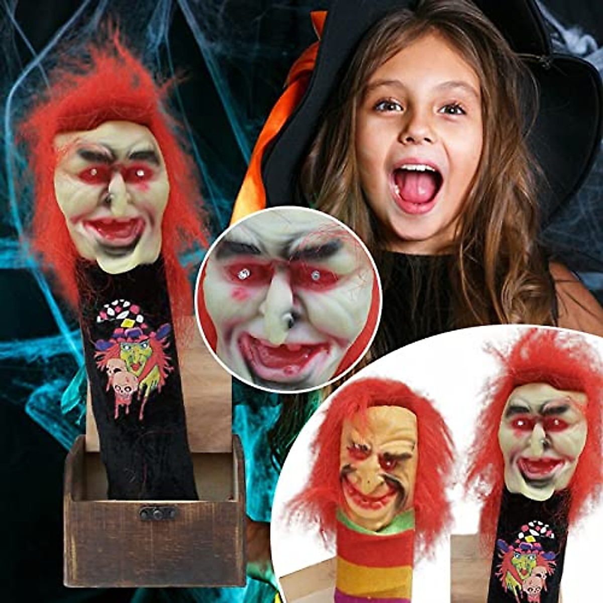 Lennos Halloween Novelty & Toys Practical Jokes Halloween Face Prank Box Handmade Wooden Surprise Box Prank Prank Things Startle Spring Box Spring Characters (Green, One Size)