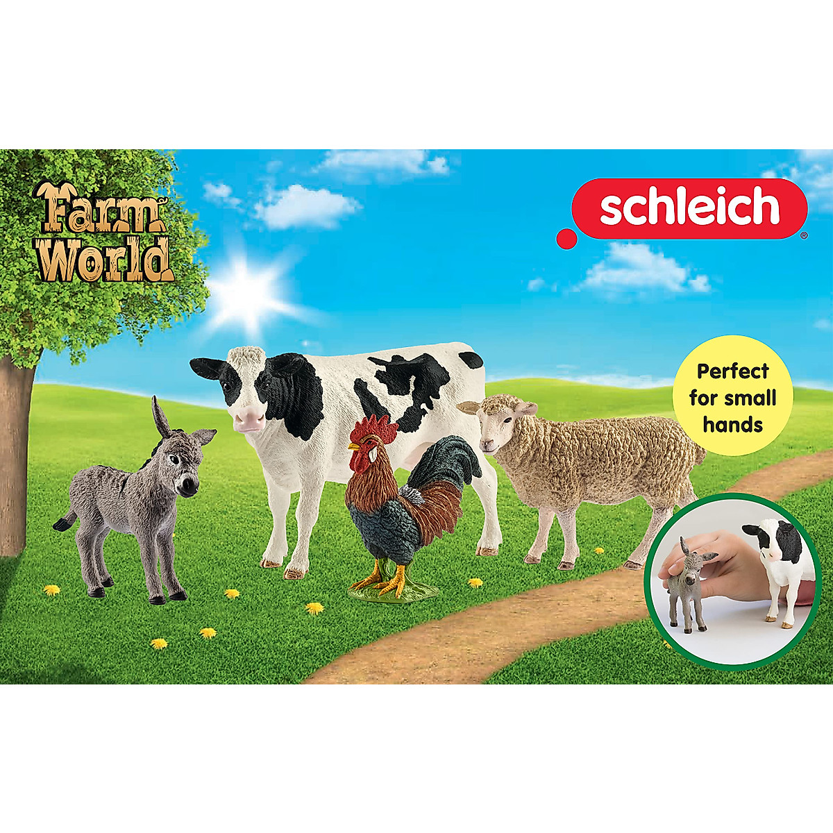 Schleich Farm World - Starter Set, Includes 4 x Collectible Toy Farm Animals, Cow, Sheep, Donkey Foal and Rooster Farm Animal Toys for Kids Ages 3+