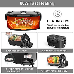 IXIIE Electric Lunch Box 80W for Adults, 1.5L Lunch Warmer with 2 Compartments for Truck/Car/Work, Fast Portable Heated Lunch Box Food Warmer Heater 12/24/110V, Removable Stainless Steel Container