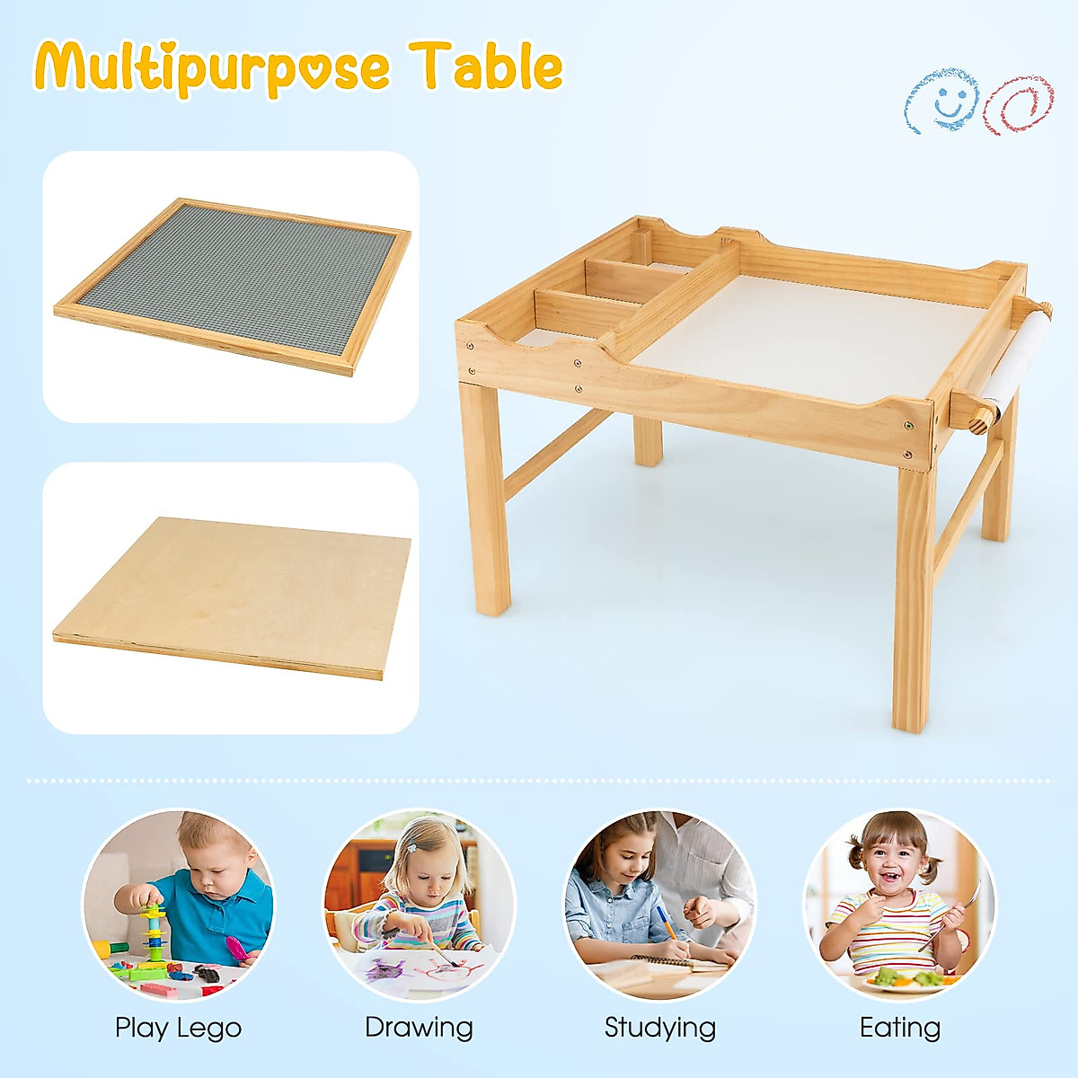 Costzon Kids Table, 3 in 1 Wood Building Block Desk w/Storage, Paper Roll, Reversible Tabletop for Toddler Arts, Crafts, Drawing, Reading, Playing, Gift for Boys Girls, Activity Table (Natural)