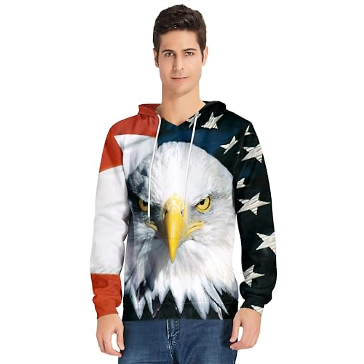 RAISEVERN Men and Women Novelty Fleece Hoodies Flag Printed 80s Pullover Athletic Sweaters Long Sleeve Fleece Hooded Sweatshirts Red White