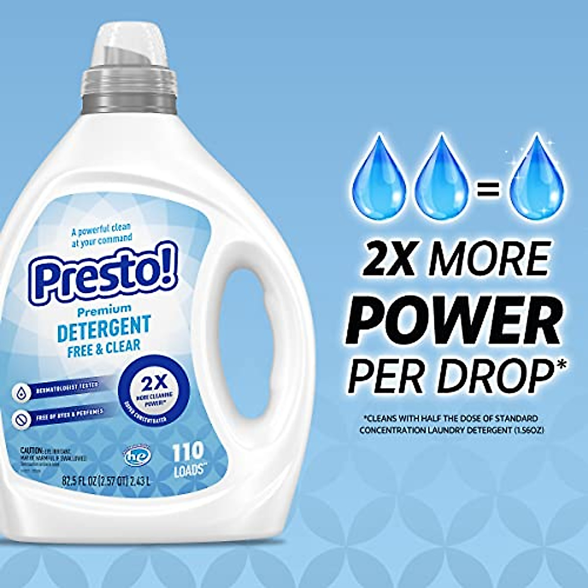 Amazon Brand - Presto! Concentrated Liquid Laundry Detergent, Free & Clear, Hypoallergenic, Free of Perfumes Clear of Dyes, 110 Loads, 82.5 fl oz