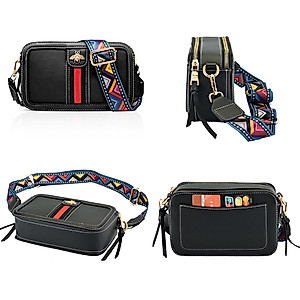 Beatfull Designer Bee Crossbody Purse for Women PU Leather Shoulder Handbag with Black-Red Strip Camera Clucth (Black)