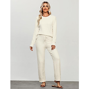 luvamia Women's Casual Solid Color Pajama Sets Long Sleeve Tops And Pants Long Pj Sets Joggers Loungewear Sleepwear Nightwear Womens Loungewear Set Cute 2 Piece Outfits For Women Beige Xx-Large