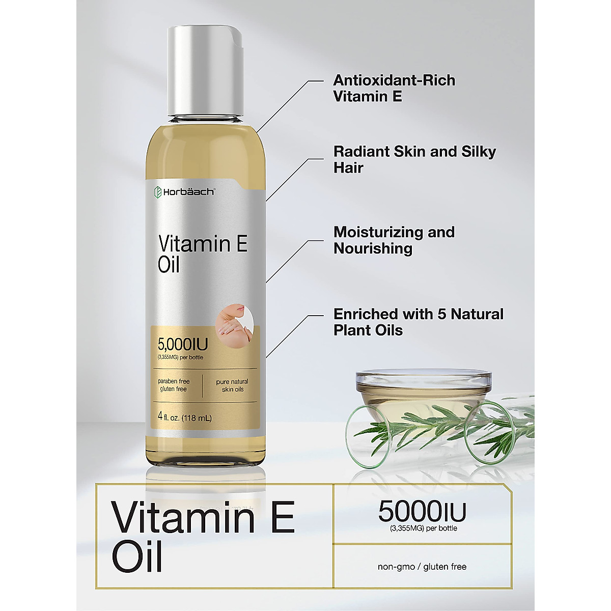 Horbäach Vitamin E Oil | 5000 IU | 8 oz (2 x 4oz) Value Pack | for Skin, Hair, Face & Body | Vegetarian, Non-GMO, and Gluten Free Formula