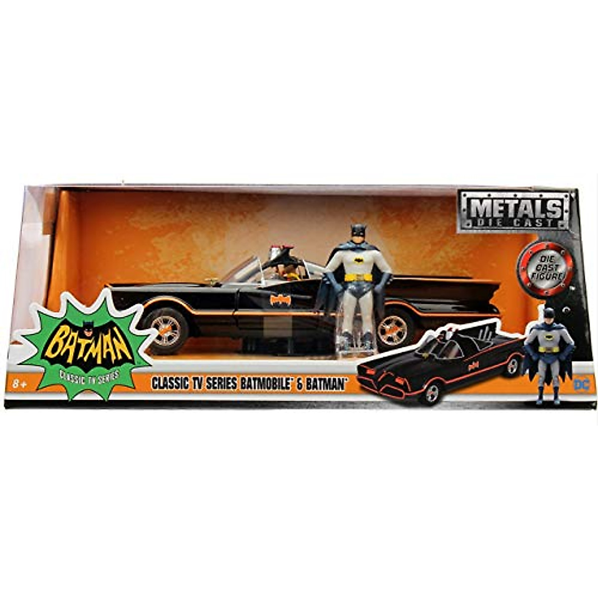 Jada Toys DC Comics 1966 Classic TV Series Batmobile with Batman and Robin figures; 1:24 Scale Metals Die-Cast Collectible Vehicle