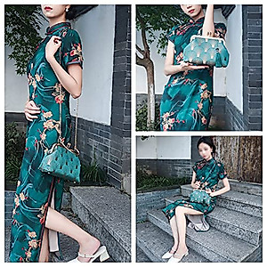 Anopo Evening Bag Tassel Satin Floral Sector Pattern Clutch Purse Crossbody Lady HandBag for Dress Wedding Party Prom Club