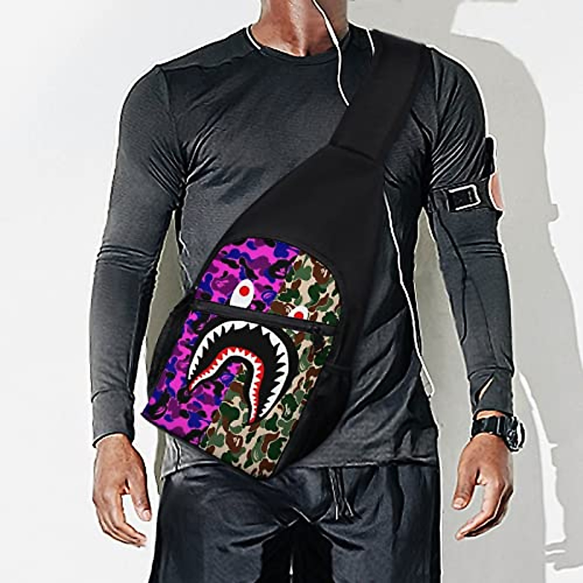 Cute Shoulder Backpack, Backpacking, Green And Red Camo Shark Teeth Art Crossbody Rucksack, Tote Bags, Gym Crossbody Sack Satchel Outdoor Hiking Bag for Man Women Lady Girl