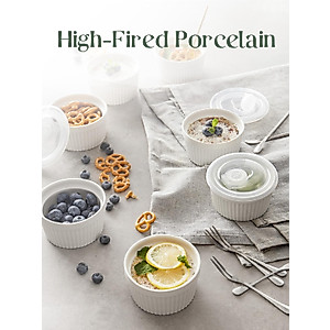 DOWAN Ramekins 8 oz Oven Safe with Lids, Creme brulee Ramekins Bowls with Covers, Porcelain White Ramekins Souffle Dishes for Baking, Stackable, Set of 6