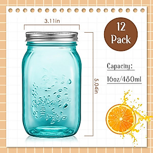 Tessco 12 Pcs 16 oz Colored Mason Jars with Lids Glass Pint Canning Containers Regular Mouth Kitchen Canisters for Food Storage, Christmas DIY Crafts, NOT Allowed Dishwasher (Teal)