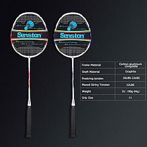 Senston Badminton Rackets Set of 2, Graphite Shaft Badminton Racquets Including Badminton Bag, 2 Badminton Shuttlecock, 2 Racquet Grip