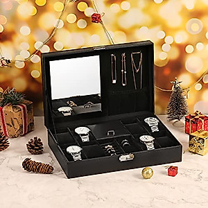 BASTUO Jewelry Box 8 Watch Display Case Organizer Jewelry Trey Storage Box PU Leather with Mirror and Lock， Black with Black Lining