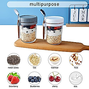 Overnight Oats Containers with Lids 2, 10oz Wide Mason Jars with Spoon - Great for on-the-go cereal containers - Very convenient for use on the go, Sealed glass jars are ideal for home, office or on-the-go (White)