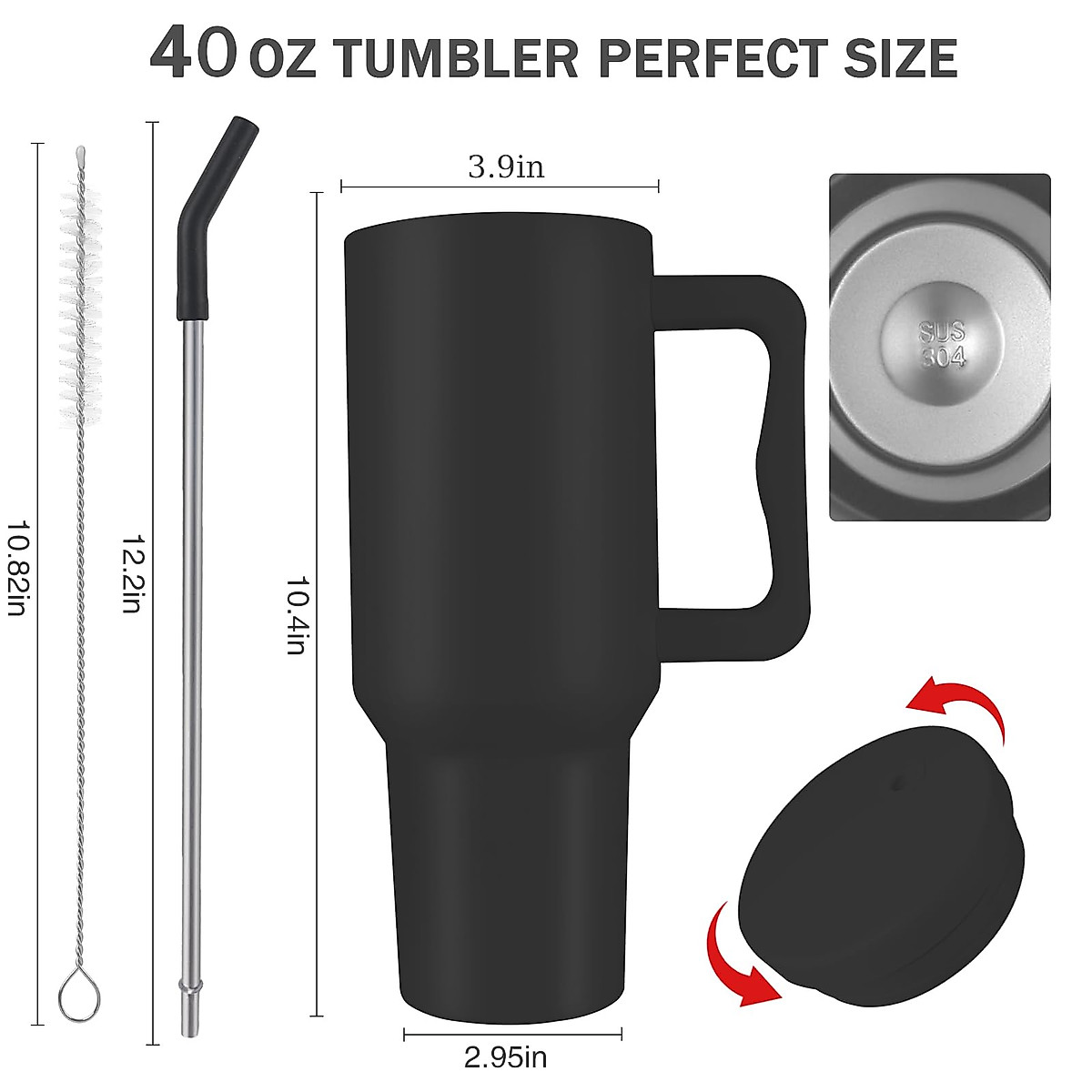 Towsnails 40 oz Tumbler with Handle and Straw Lid | Insulated Cup Reusable Stainless Steel Water Bottle Travel Mug Cupholder Friendly | Gifts for Women Men Him Her - Black