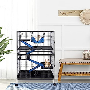 50" H 4 Tier Steel Plastic Deluxe Small Animal Pet Cage Kit for Guinea Pig Ferret Little Rabbit with Wheels Brakes Hammock Removable Tray and Ladder with Flannel
