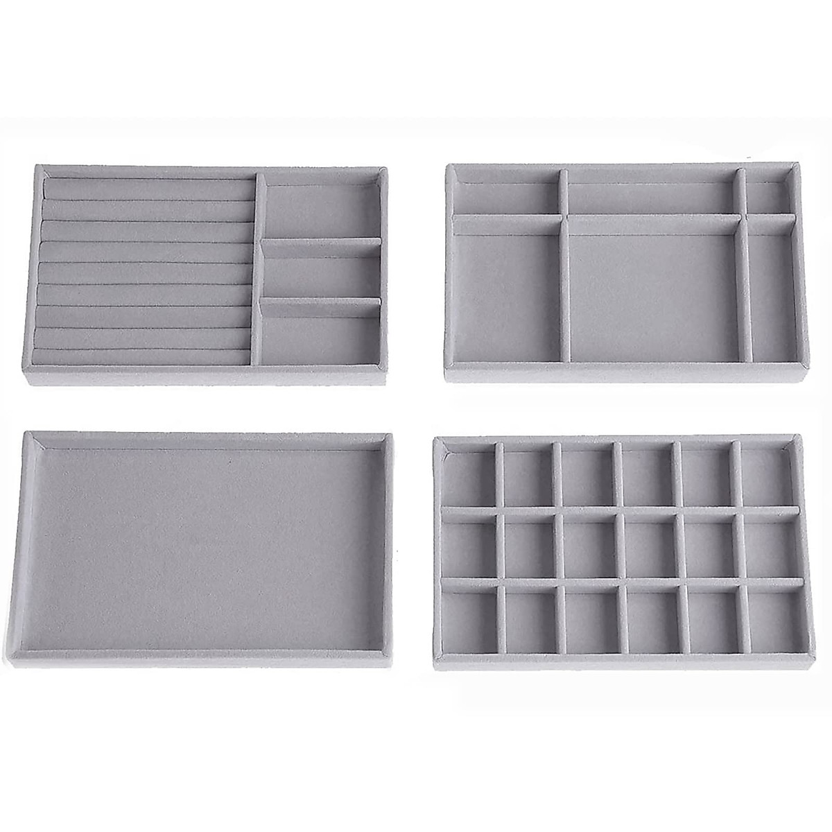 AIRZSNRY Jewelry Organizer for Drawer, Velvet Jewelry Insert Tray, Stackable Jewelry Storage Inserts Stacking Accessories Display for Dresser(Grey,Set of 4)