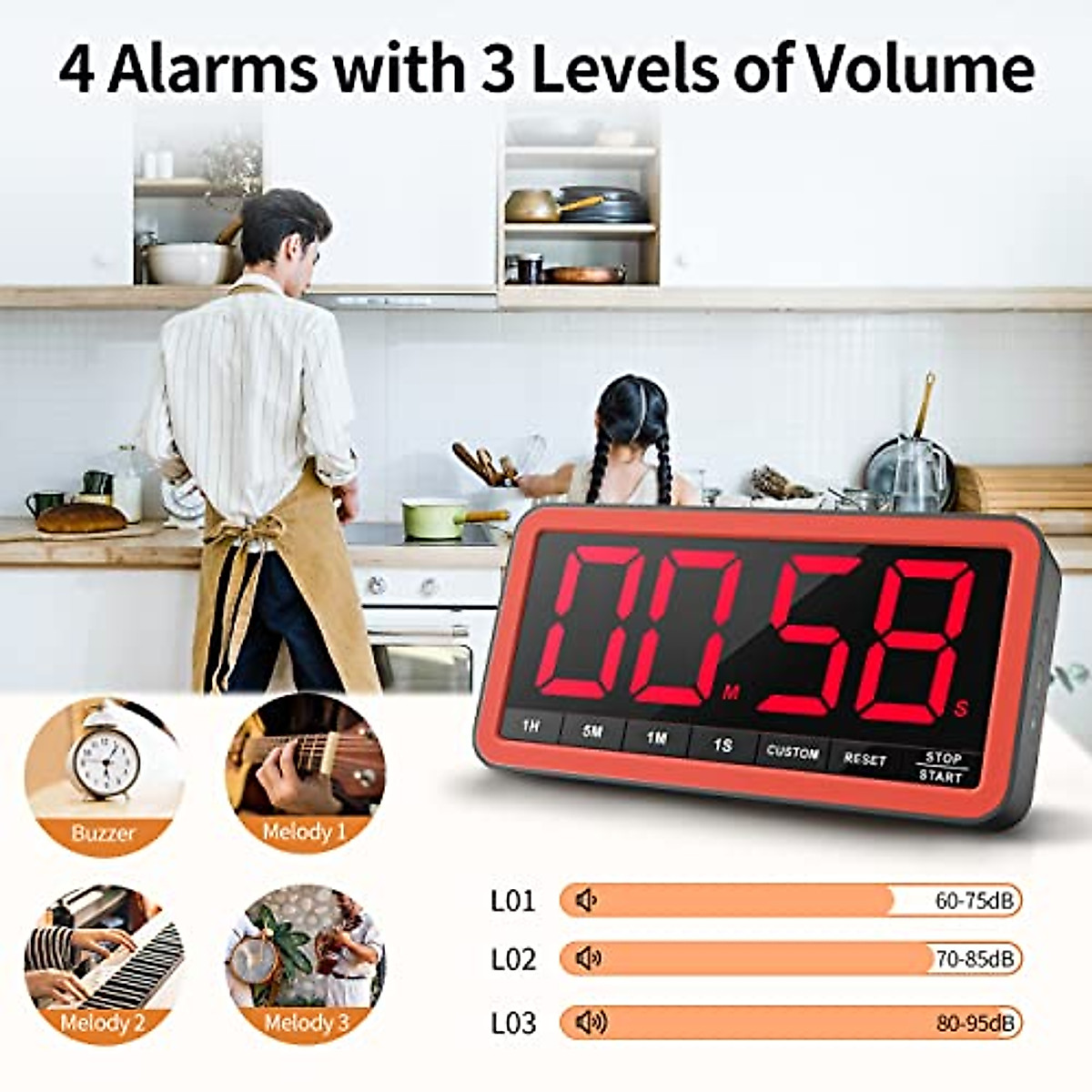 VOCOO Digital Kitchen Timer with 7.8” Extra Large Display, Magnetic LED Timer with 3 Brightness, 4 Alarms and 3 Volume Levels, Battery Powered Countdown Count Up Timer for Cooking, Classroom, Home Gym
