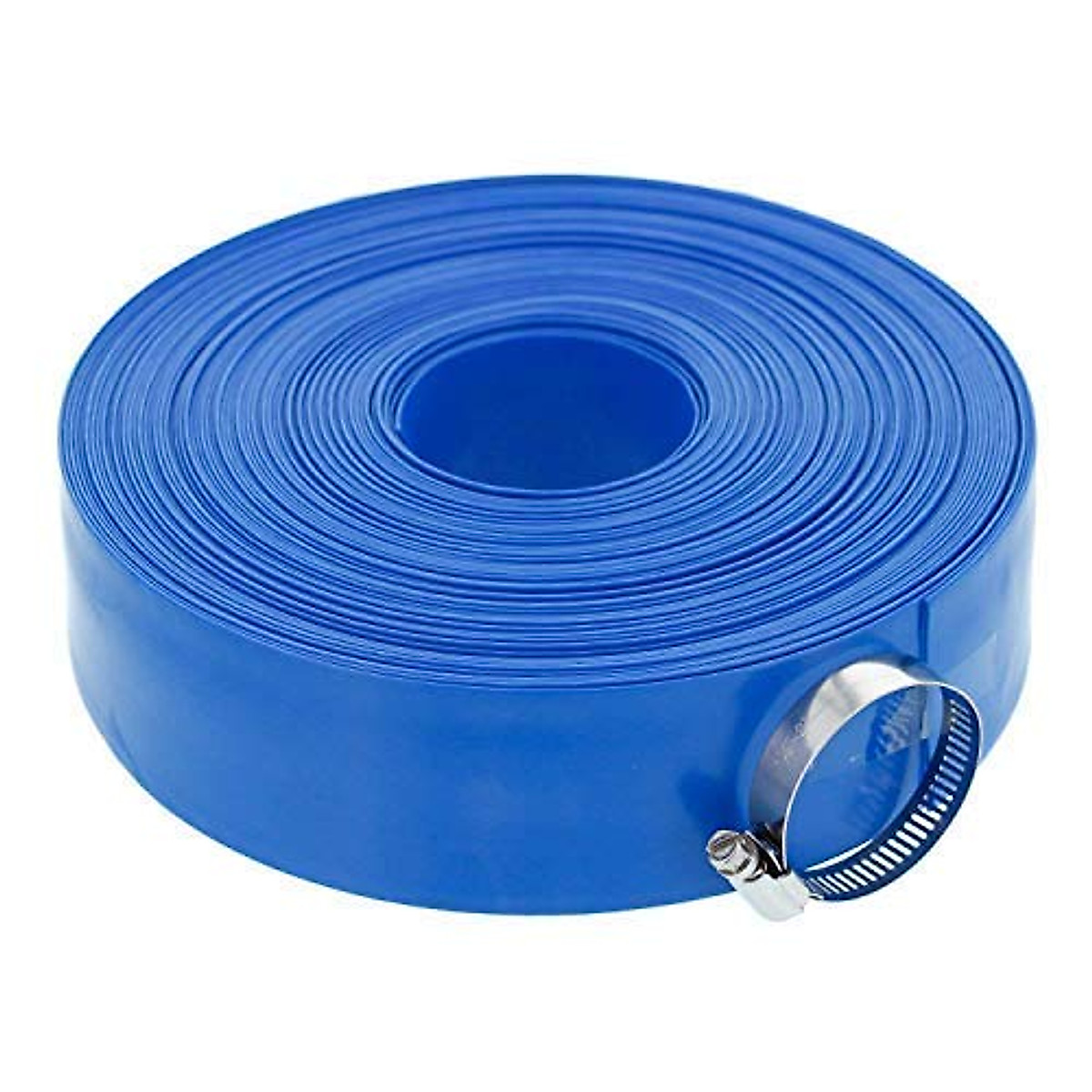 POOLWHALE 1-1/2" x 100' Economy Blue Backwash Hose with Clamps, General Purpose Reinforced PVC Lay-Flat Water Discharge Hose,for Use While Back-Washing Filters and Draining Pools