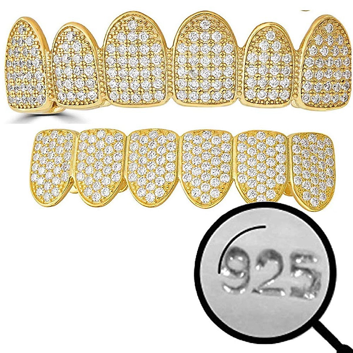 Solid 925 Sterling Silver Real Grillz - 14k Yellow Gold Plated - Iced CZ - Custom Top & Bottom Grills For Teeth - Real Solid Silver NOT BRASS