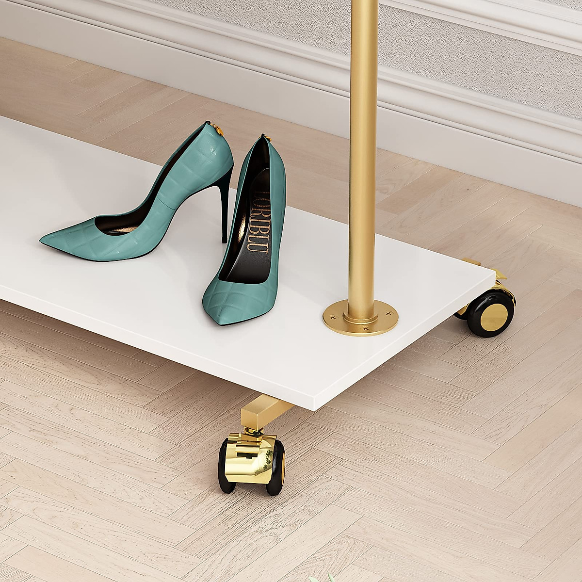 FONECHIN Gold Metal Clothing Rack with Wood Shelf, Heavy Duty Rolling Garment Rack with Wheels for Bedroom Retail Boutique Use (49.21L inches)