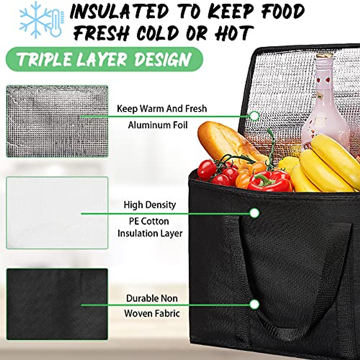 10 Pack Insulated Grocery Bags Food Delivery Bag Cooler Bag Reusable Insulated Shopping Bag with Sturdy Zipper and Handles Large Foldable Insulated Bag for Hot or Cold Food Delivery,Groceries,Travel