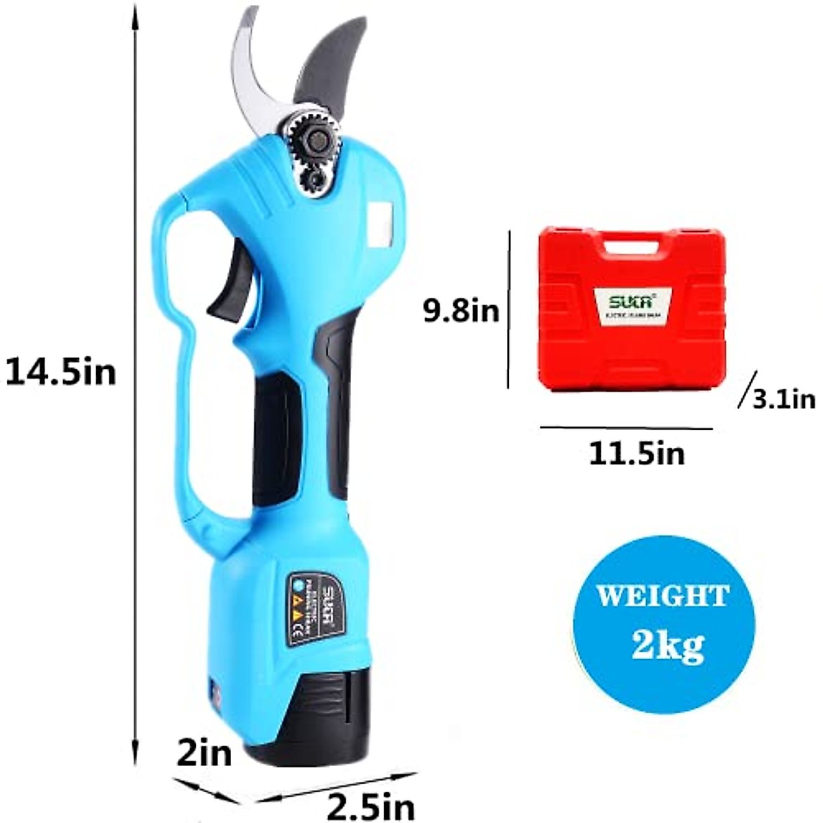 SUCA electric pruning shears Cordless tree pruner branch cutter pruners for gardening with 2pcs 2Ah Lithium Battery Powered 4-7 Working Hours Tree Branch Pruner LCD Display Screen （blue 1.1 inch）