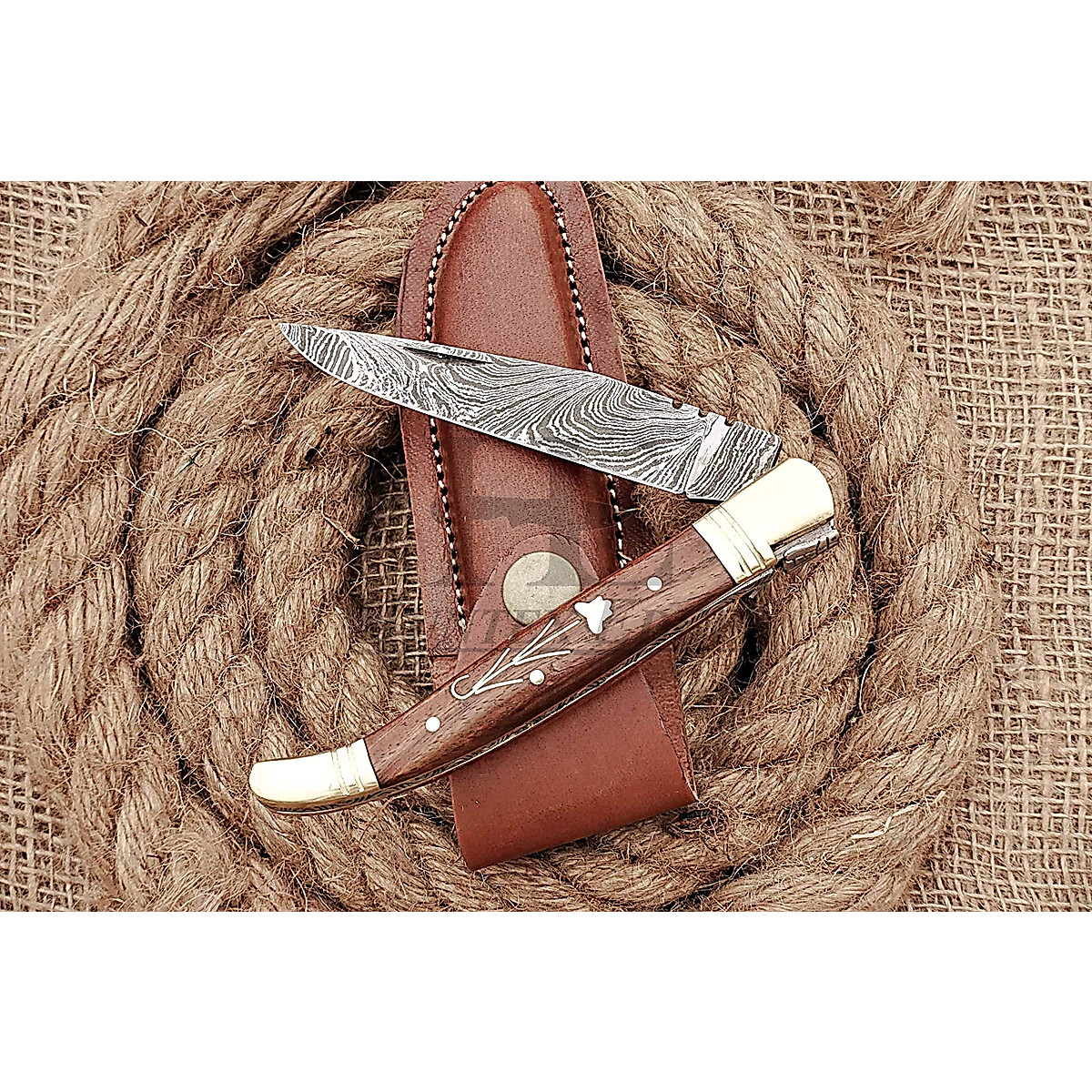 HUNTEX Custom Handmade Hand-Forged Twist Pattern Damascus Steel 4 Inch Long Natural Rosewood Handle Razor Sharp Hunting Camping Folding Pocket French Lagouli Knife with Genuine Leather Pouch